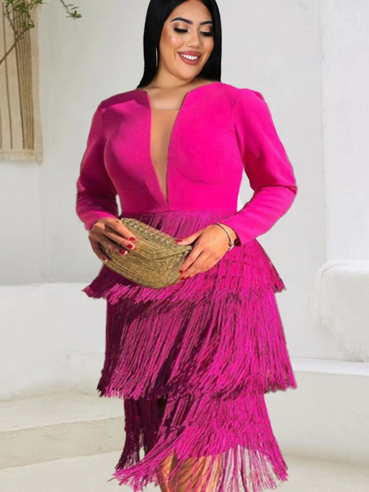 Fringe Tassels Long Sleeve Deep V-Neck Blazer Dress – jenell_harbin